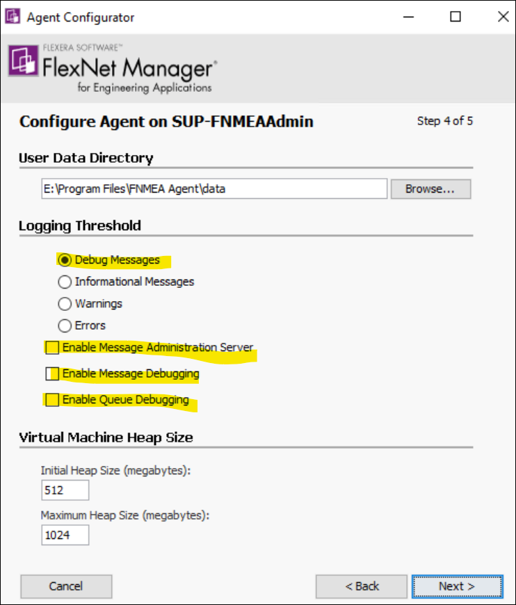 Enable debug logging for the FlexNet Manager for Engineering Applications Agent